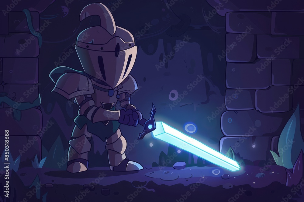 Cartoon cute doodles of a brave knight wielding a glowing sword in a ...