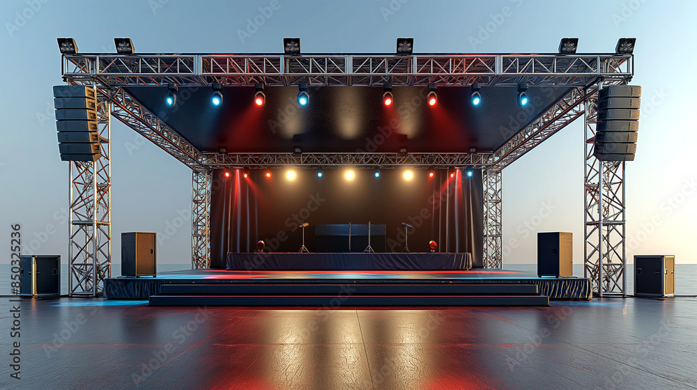 Outdoor Stage with music instruments, popular singer banners, equipment, and illumination, empty ...