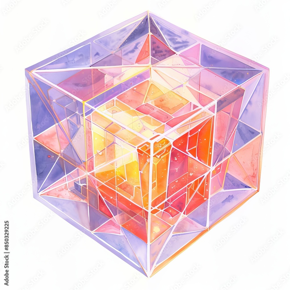 Watercolor painting of a hypercube glowing with ethereal light, illuminating its intricate ...
