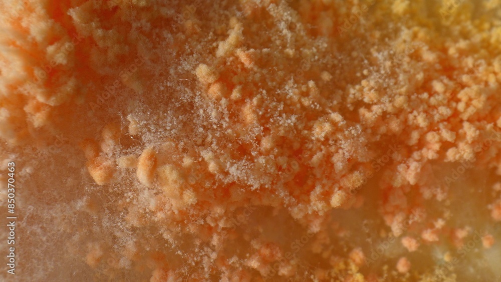 A close-up reveals bread overrun by fuzzy, orange, and yellow clusters ...