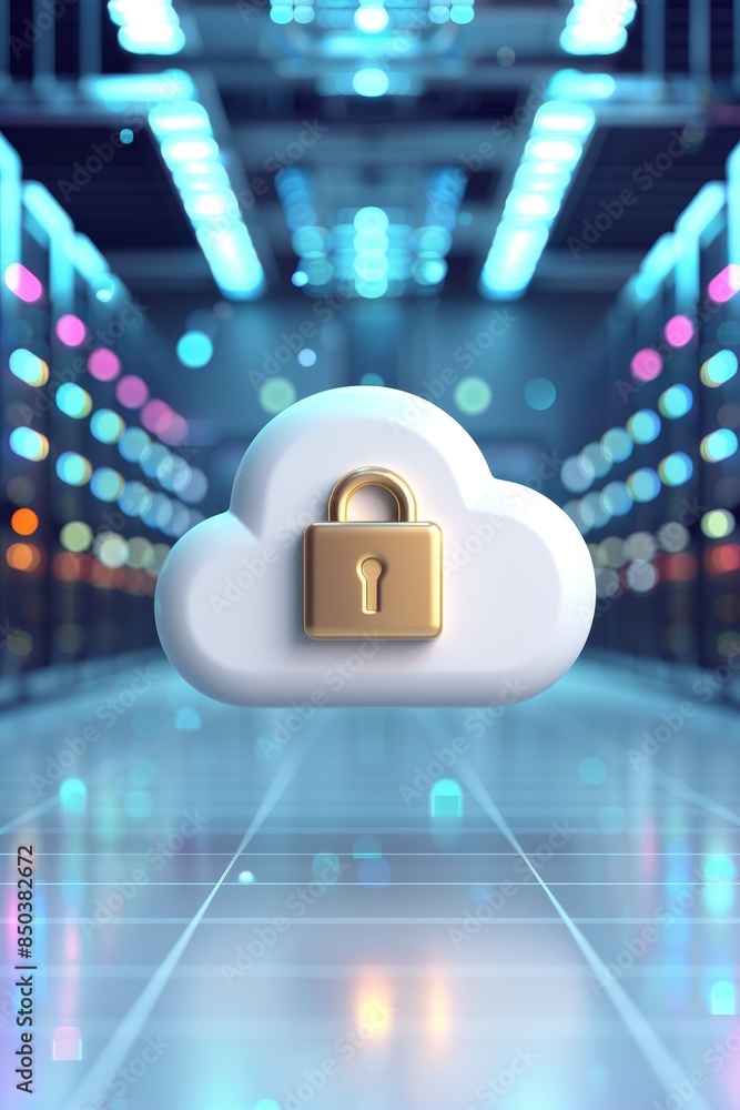 Gold lock icon on white cloud in technology environment with server ...