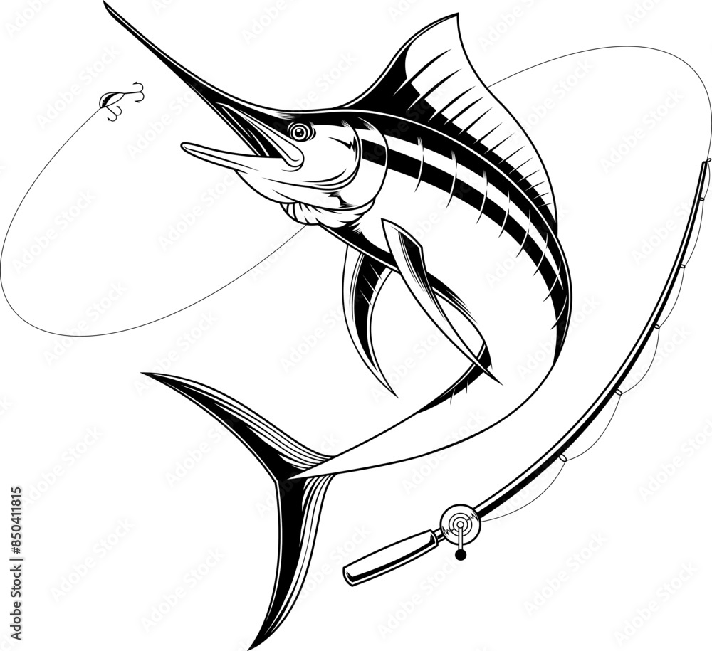 Outlined Blue Marlin Fish Fishing Graphic Logo Design. Vector Hand ...