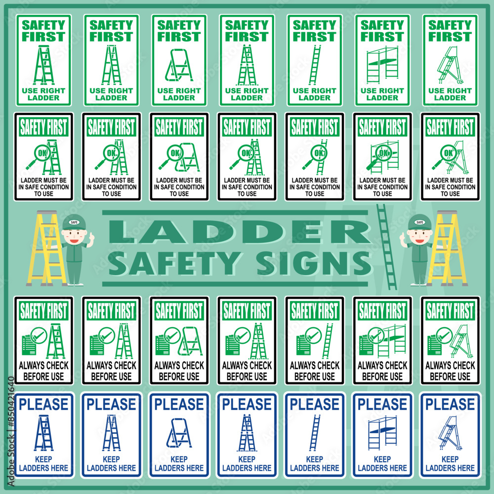 Set of ladder safety signs. The ladder safety signs and symbols use to ...