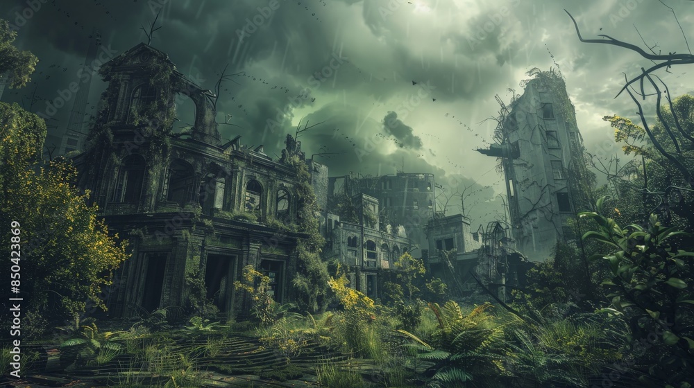 Eerie post-apocalyptic scene of abandoned, overgrown ruins under ominous green skies, showcasing ...