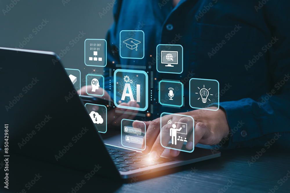 AI Artificial Intelligence and Education technology concept. A man use ...