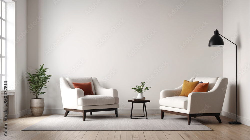 A serene living room setup with a minimalist armchair against a white ...