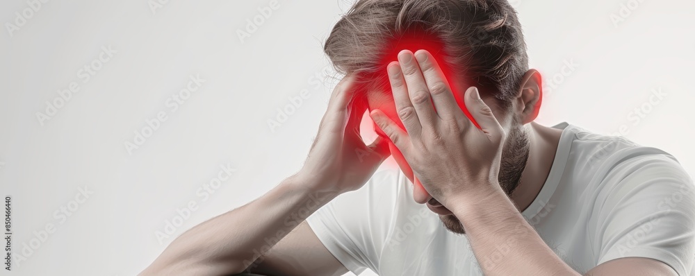Man experiencing a severe headache, holding his head in pain with red ...