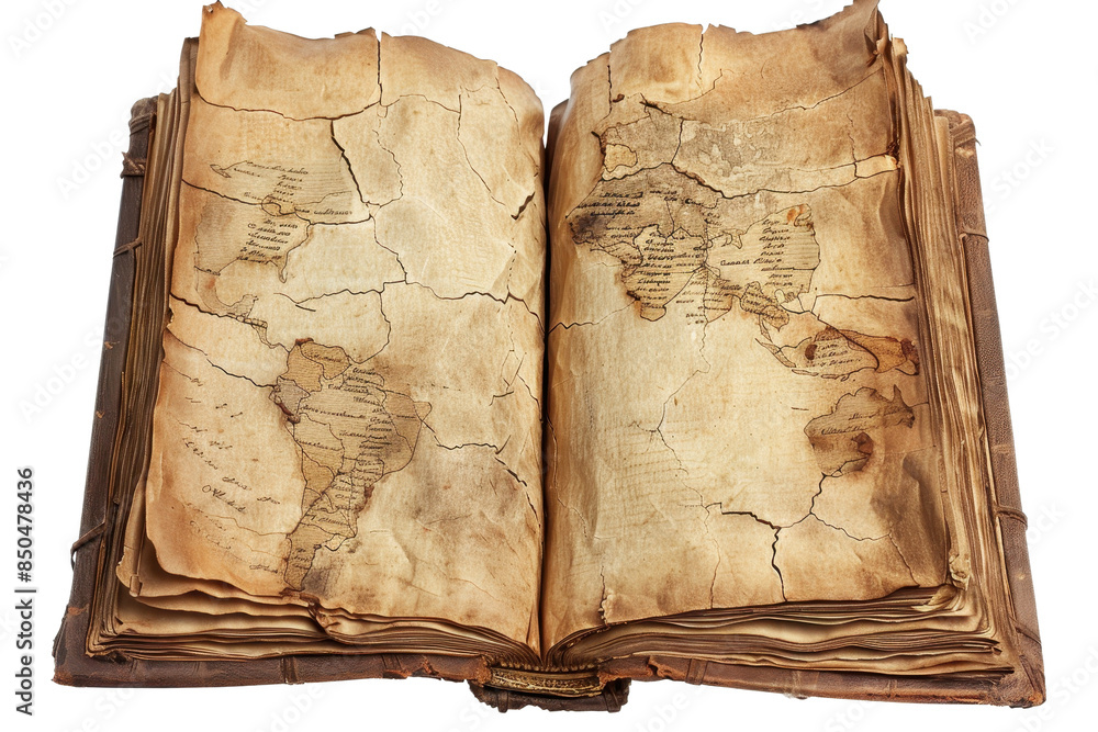 Vintage open book showing an ancient world map on its pages. The aged ...