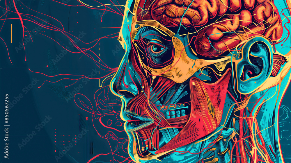 Human skeleton face anatomy with brain, teeth, jaw and nerves. Copy ...