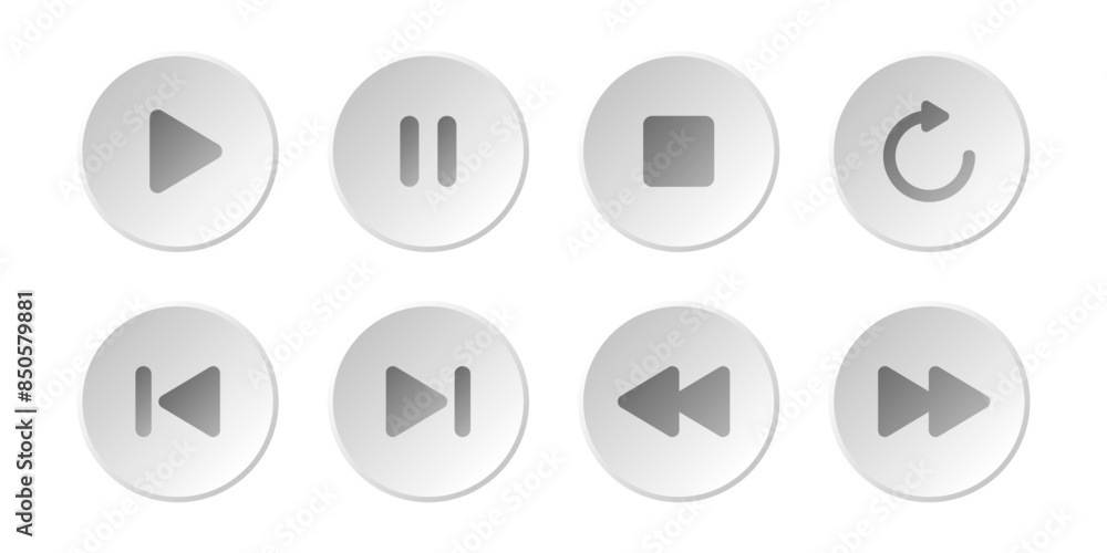 White and gray play button icons on transparent background. Neumorphism ...