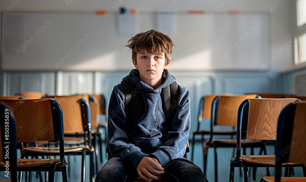 Lonely schoolboy sitting in empty classroom with a pensive look ...