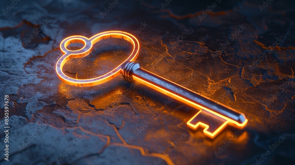 Advertising photo of a key with a glowing outline on a plain surface ...