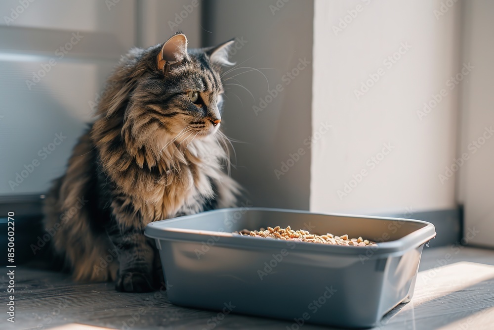 Adorable grey cat sitting near a litter box indoors. Pet care. Domestic ...