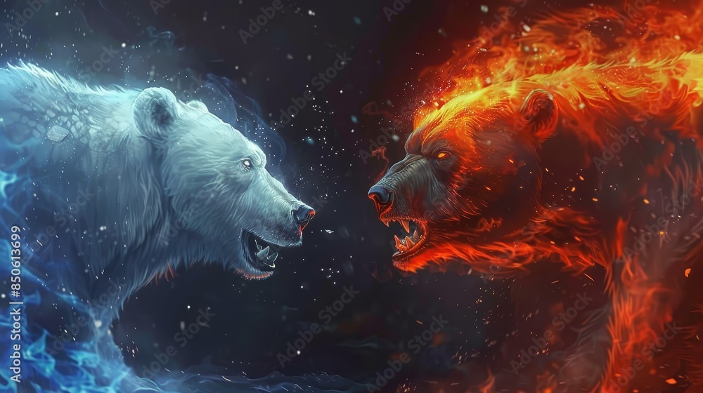 Fiery Confrontation: Ice and Fire - Two bears, one engulfed in icy blue ...