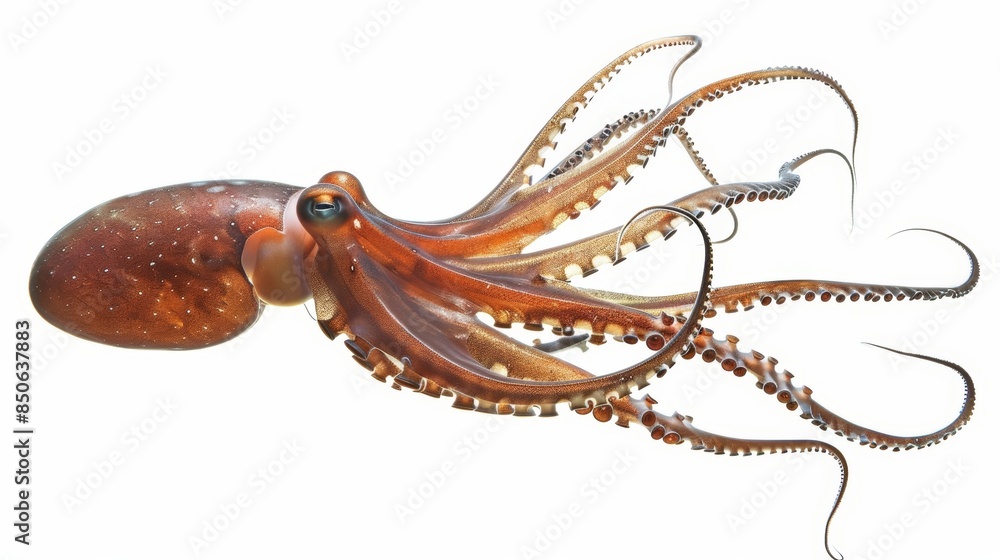 Common octopus is propelling itself with its tentacles outstretched ...