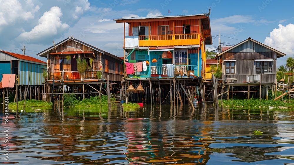 Stilt house, representing the unique architecture of Southeast Asia. Wooden house elevated on ...