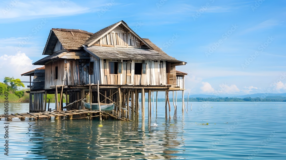 Stilt house, representing the unique architecture of Southeast Asia. Wooden house elevated on ...