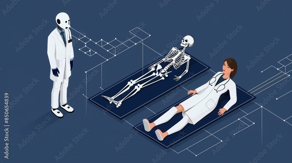Human and robot healthcare professionals examining a skeleton model in ...