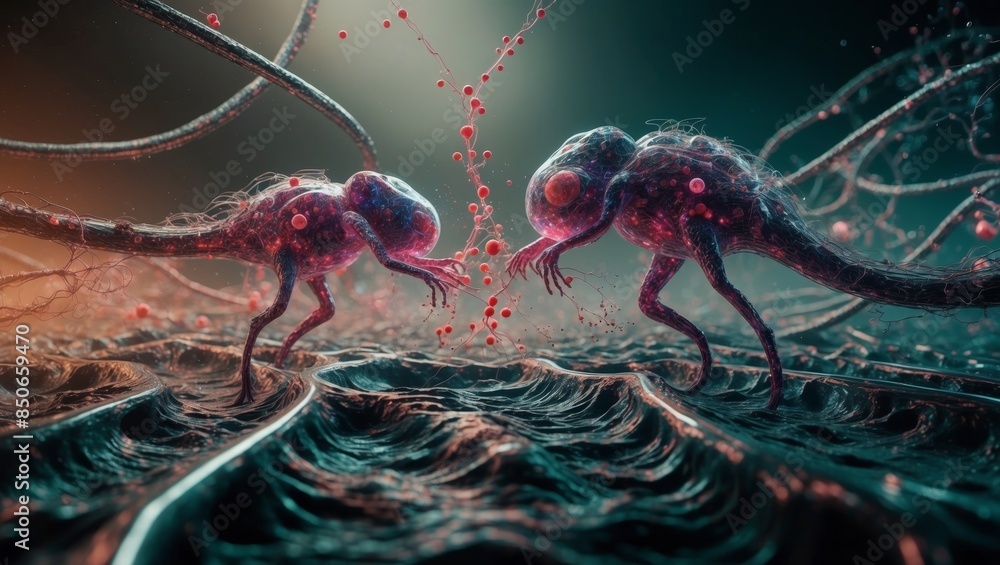 Two abstract creatures with long, spindly limbs and glowing red spheres ...