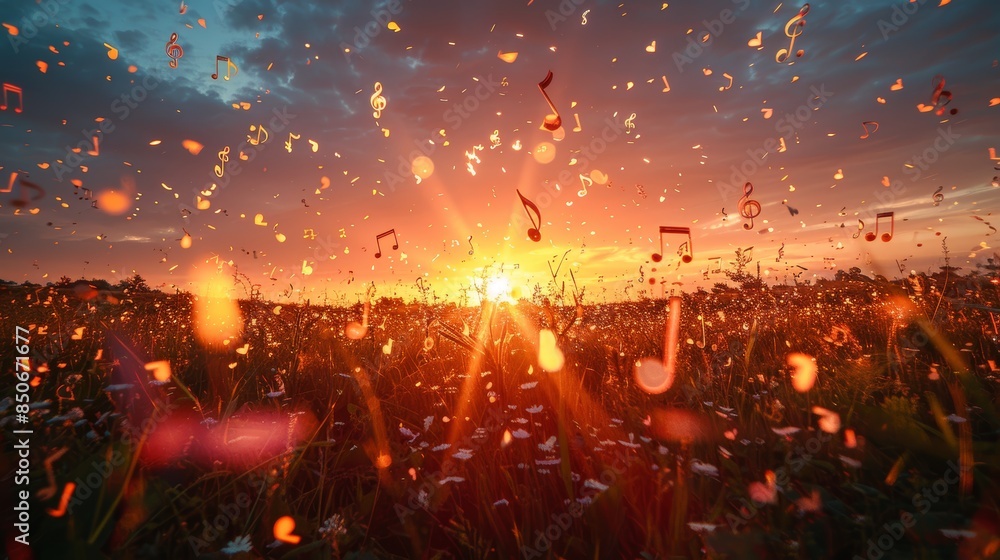 Magical Sunset With Musical Notes and Treble Clef Symbols in Nature ...