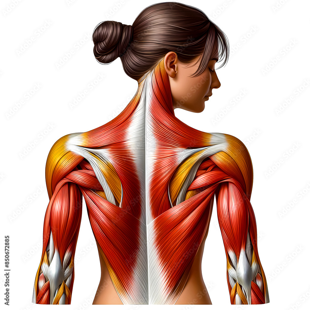 Isolated vector illustration showing human female back muscles with ...