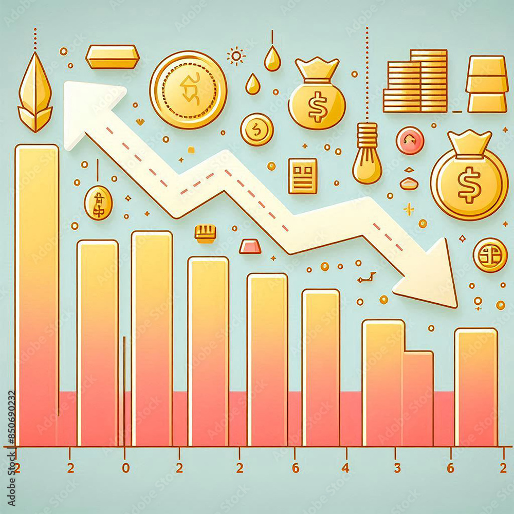3D Simplified icons of downward trending arrows over a bar graph, clear pastel background ...