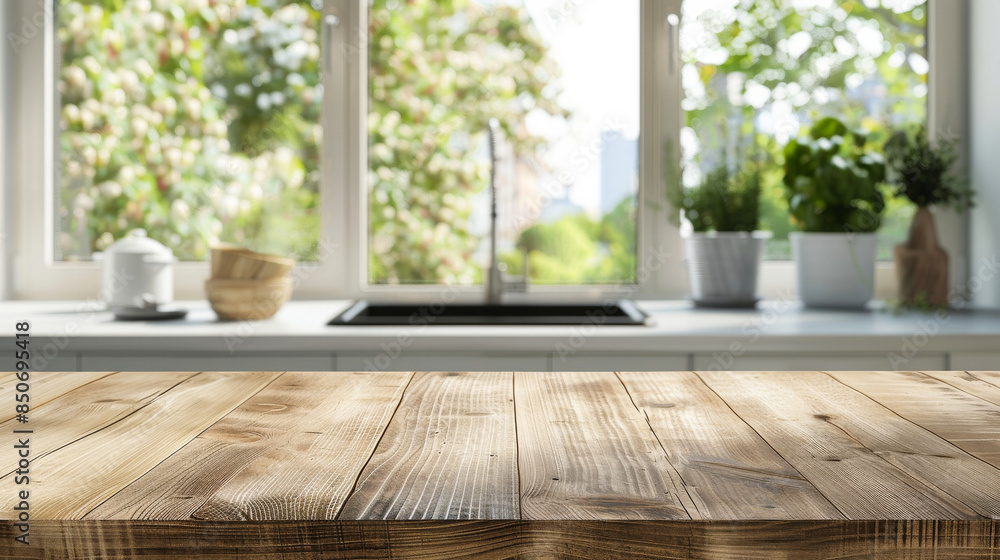 Empty wooden tabletop with blurred kitchen window background for ...
