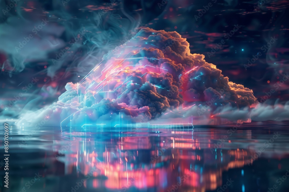 Surreal image of a vibrant thundercloud with neon lights reflecting on ...