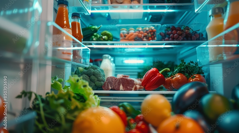 Detailed look inside an open fridge, full of fresh vegetables, meats ...