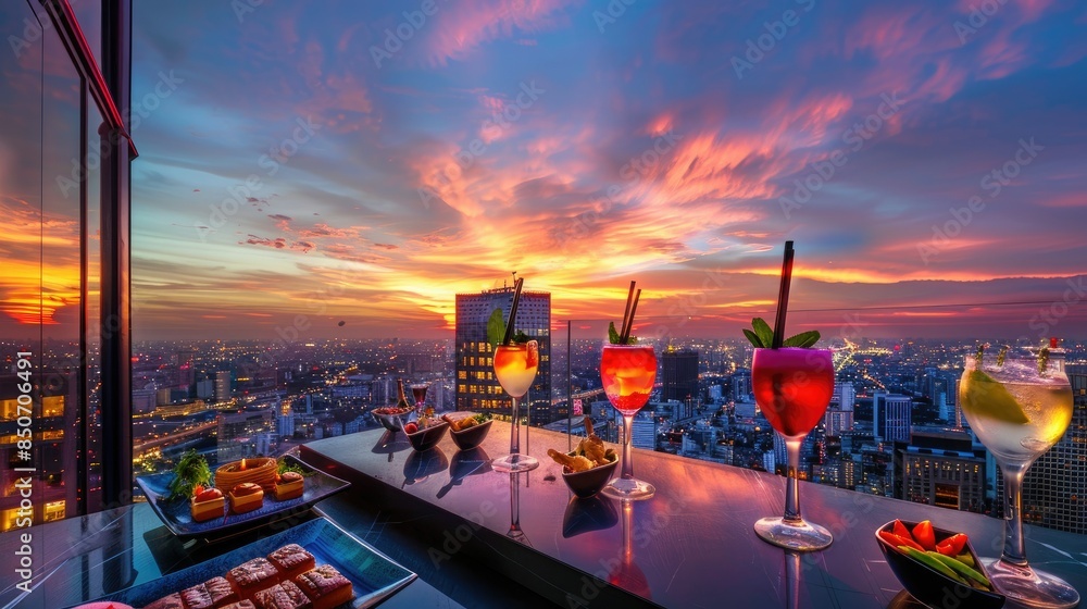 rooftop bar overlooking a cityscape at sunset, with colorful cocktails ...