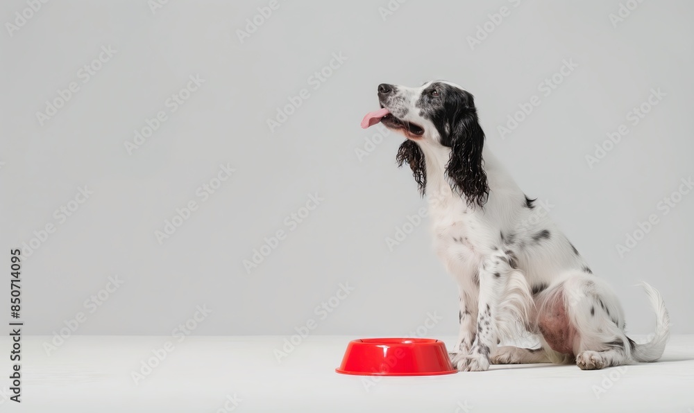 English Setter sitting on the ground with its tongue out and looking up ...