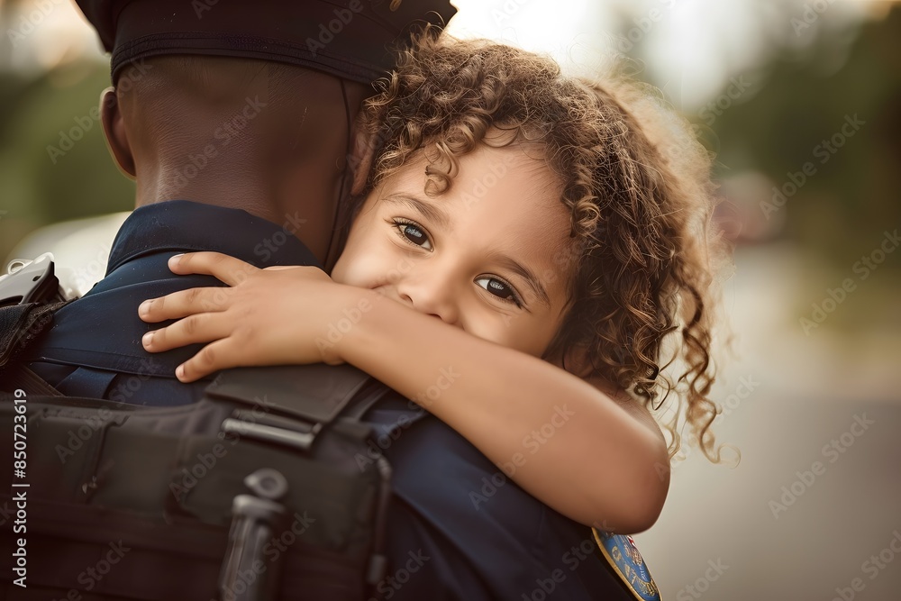 Little child hugging police officer Stock Photo | Adobe Stock