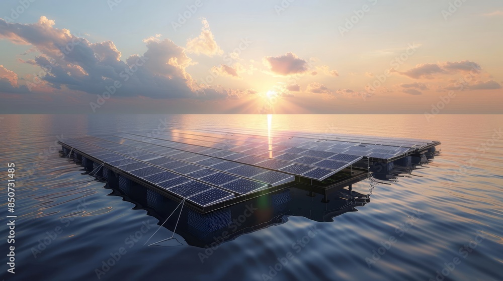 Illustration of a floating solar farm with integrated battery storage ...