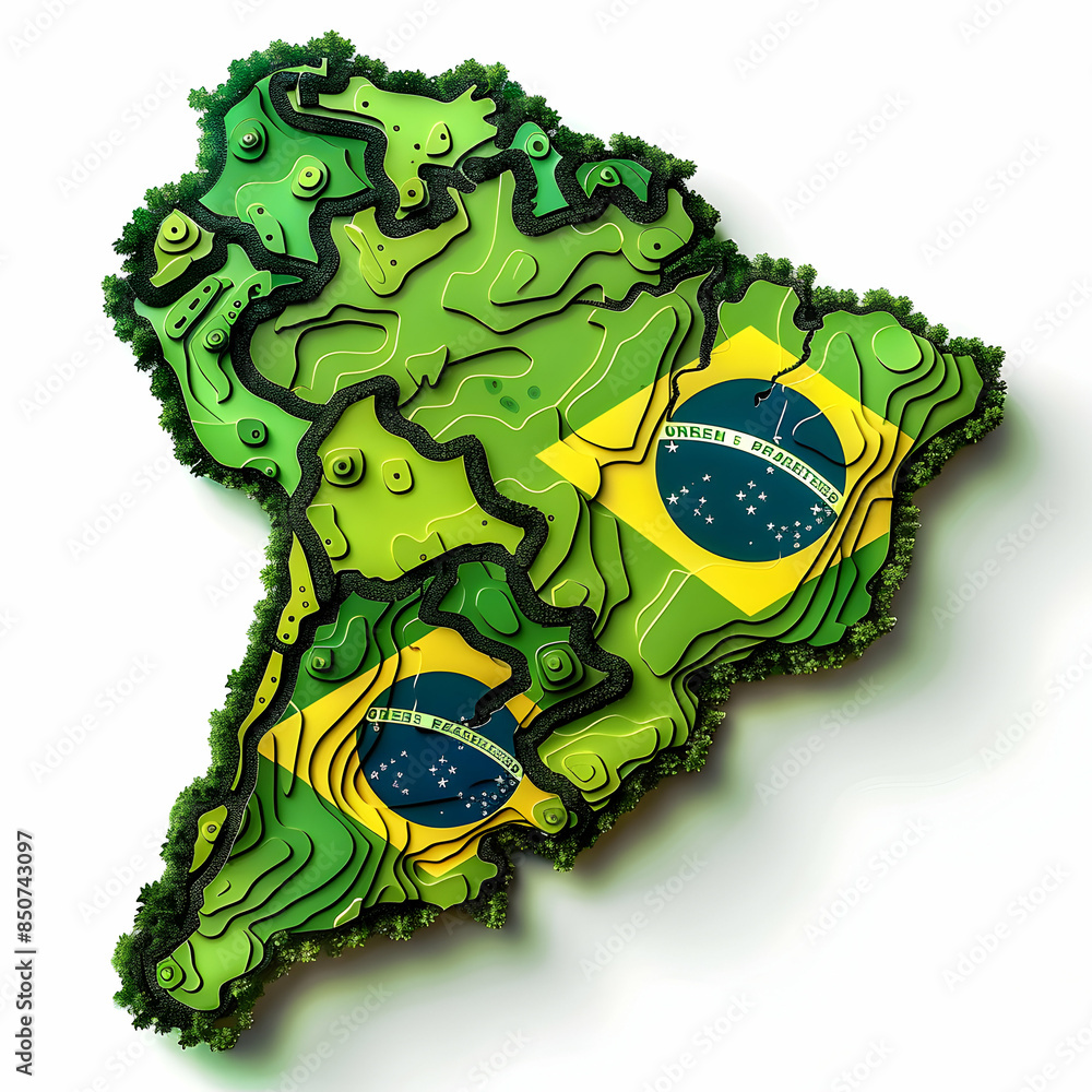 3D Flat Icon Brazilian Map and Flag Concept: Simplified Map of Brazil ...