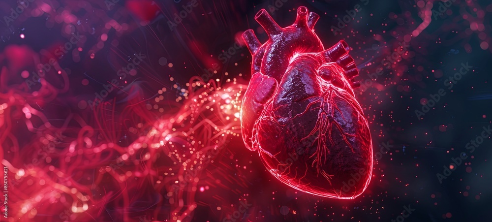 Anatomically correct red digital human heart. Futuristic 3D rendering ...