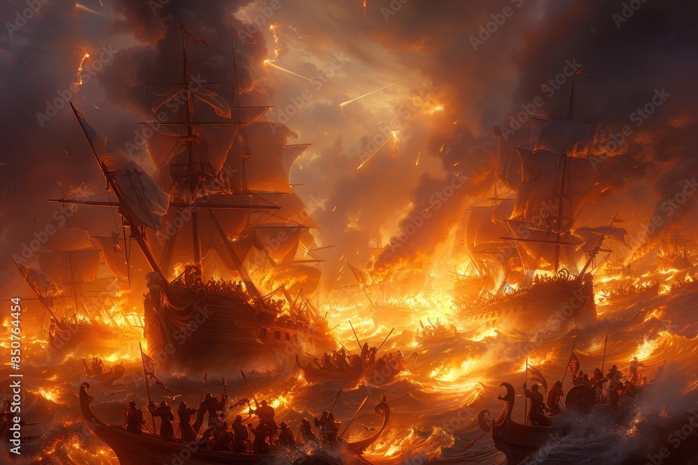 Epic Naval Clash: Ancient Warships Engage in High Seas Battle, Soldiers ...