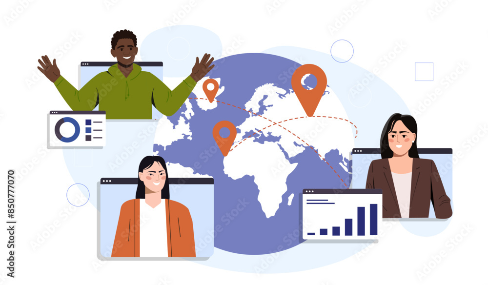 International employees concept. User avatars on map. Globalization of ...