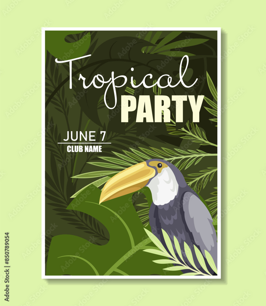 Tropical party poster. Toucan in tropical palm leaves. Invitation ...