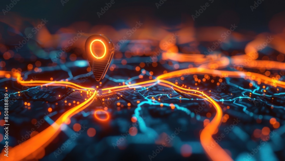 glowing location pin on an interactive map with multiple route wires leading to different ...