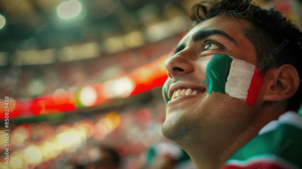 Young football fan with the italian flag painted on his face is smiling ...