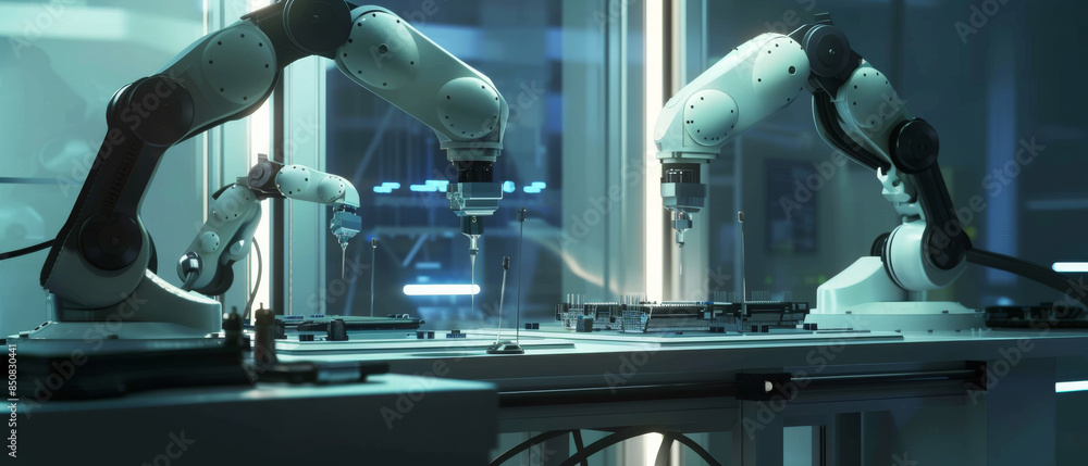 Multiple robotic arms conduct precise tasks in a modern laboratory ...