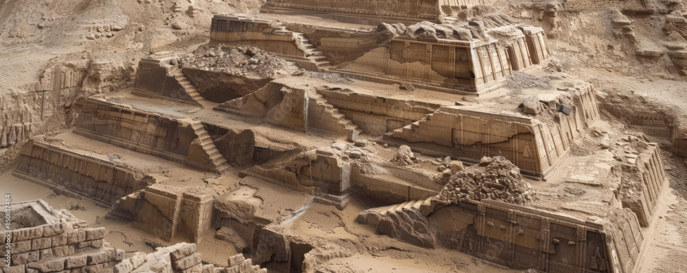 An ancient Mesopotamian ziggurat with clay bricks and carvings. Stock ...