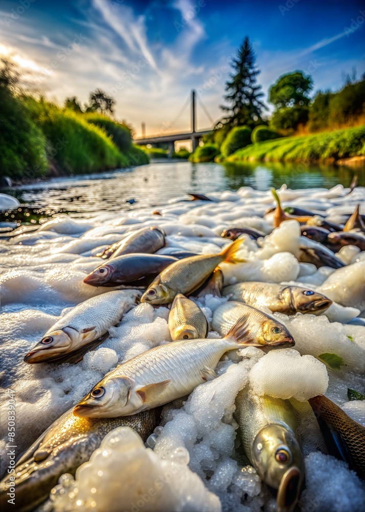 Dead fish in a river caused by pollution, Sewerage in the environment ...
