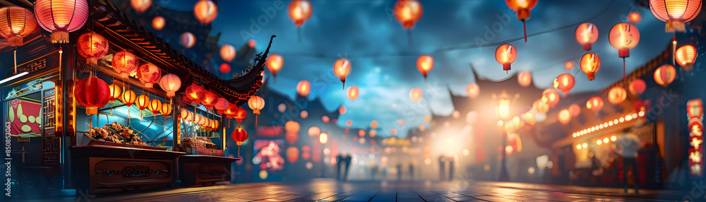Colorful Lanterns and Food Stall on Dark Background Vector Illustration ...