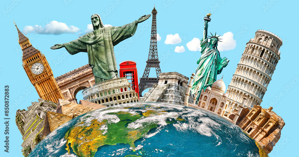 collage of famous world landmarks and monuments around the planet earth ...