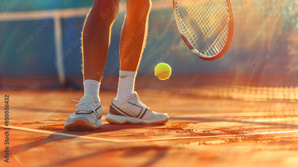 tennis player's legs and feet on a clay court with a racket and tennis ...