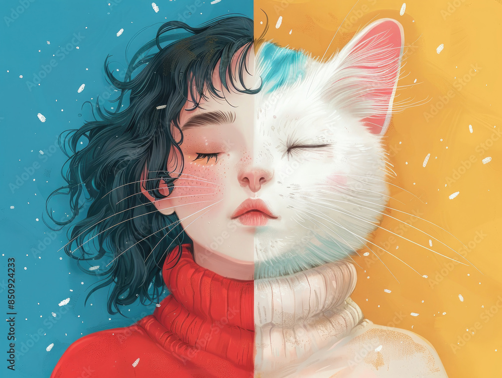 Artistic portrayal of a girl and a cat, split image with vivid colors ...