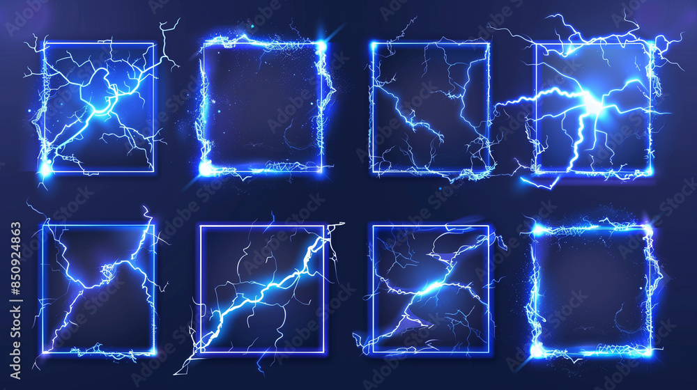 Lightning frames, blue electric borders of rectangular and square ...