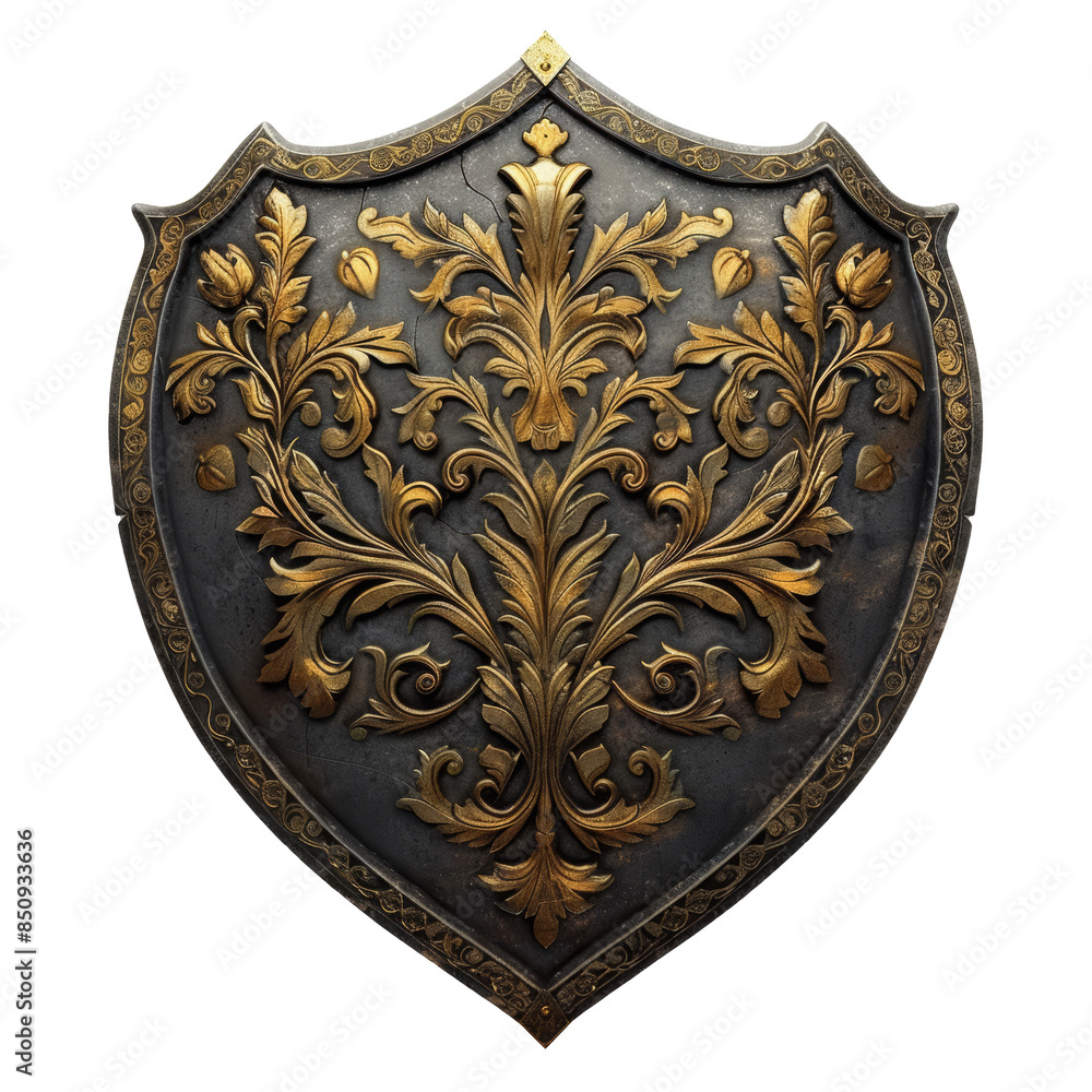 Ornate medieval shield with floral patterns heraldic symbol on a ...