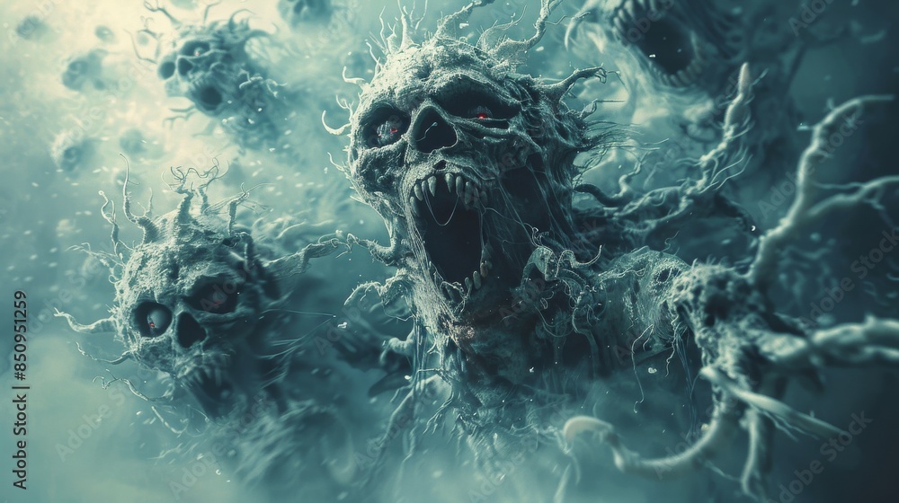 Haunting scene of ghastly undead creatures with glowing red eyes ...